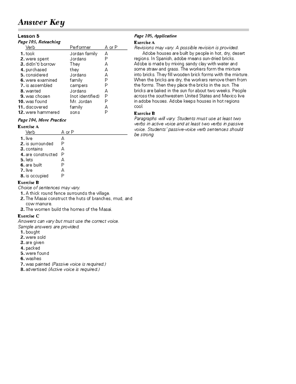 Active and Passive Voice Key: Application Lesson 5, Page 103-105 - Studocu