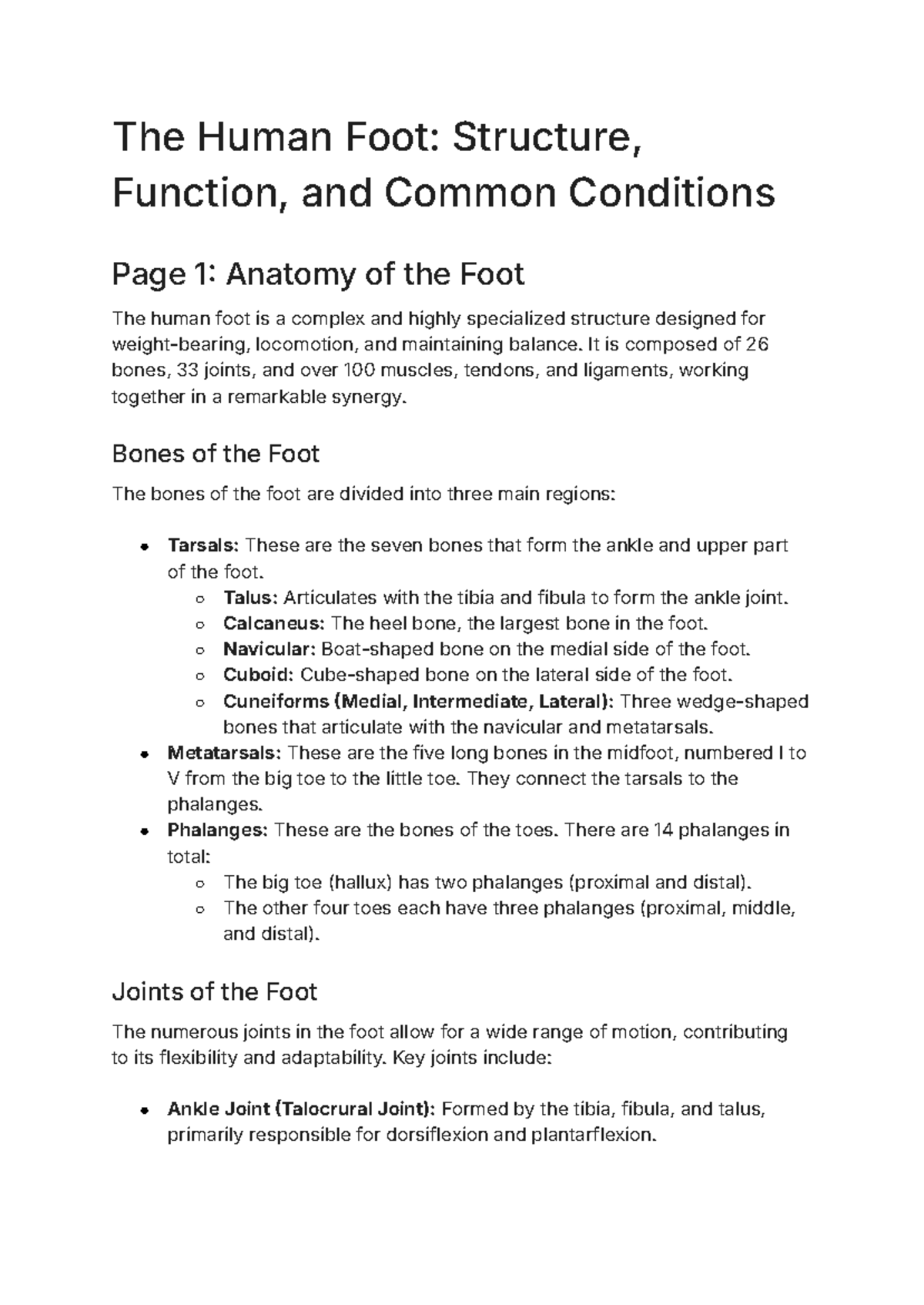 Biology Study Notes: Human Foot Anatomy & Common Conditions - Studocu