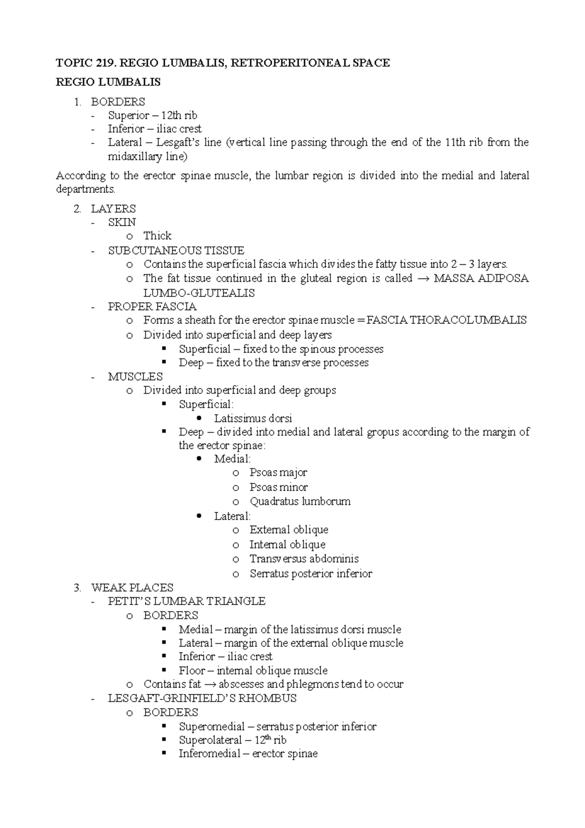 Topic 219: Regio Lumbalis and Retroperitoneal Space Overview - Studocu