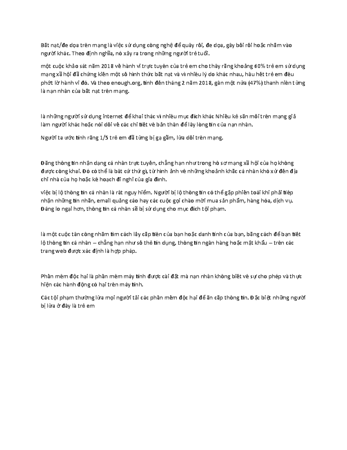 Bắt nạt van de 12131 - Bắắt n t/đe d a trên m ng là vi c s d ng công ngh đ quấắy rôắi, đe d a ...