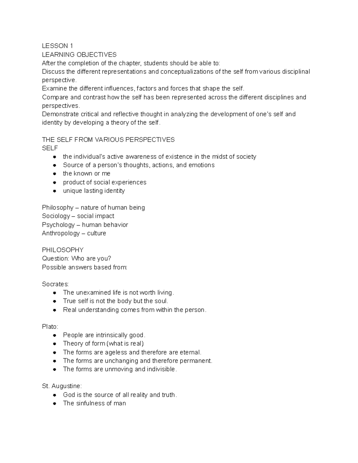 UTS - Lesson 1: Understanding the Self from Various Perspectives - Studocu