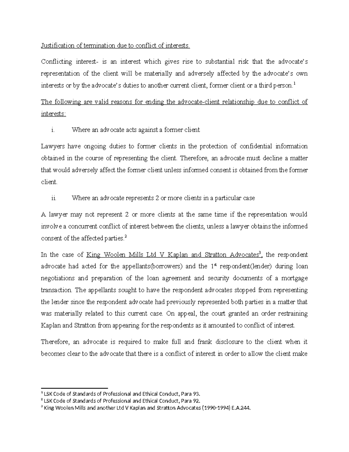 Justification for Termination Due to Conflict of Interests in Law - Studocu