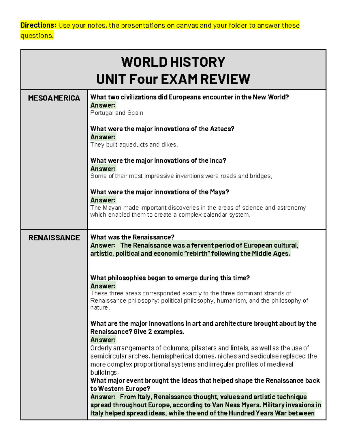 WH Unit Four Exam Review: Mesoamerica, Renaissance, & Reformation - Studocu