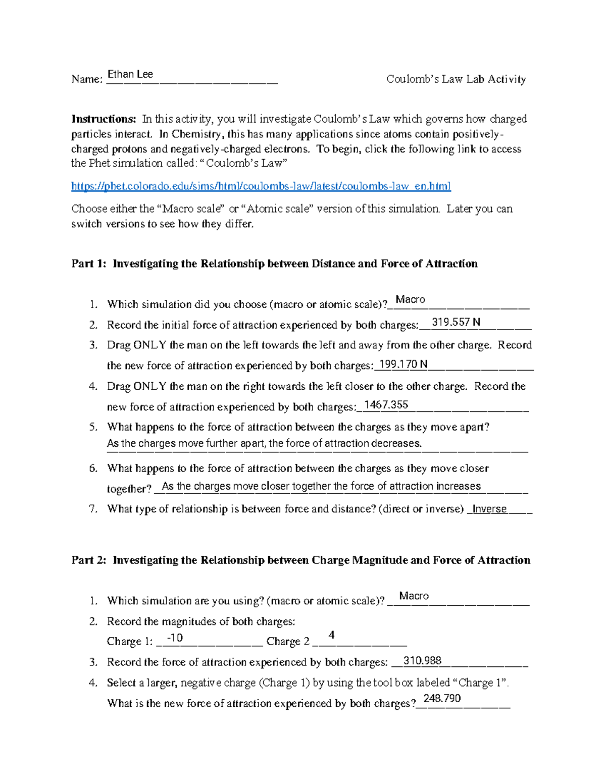 Coulomb's Law Lab Activity Instructions (Chem 101) - Studocu
