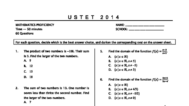USTET 2014 Mathematics Proficiency Exam Questions and Solutions - Studocu