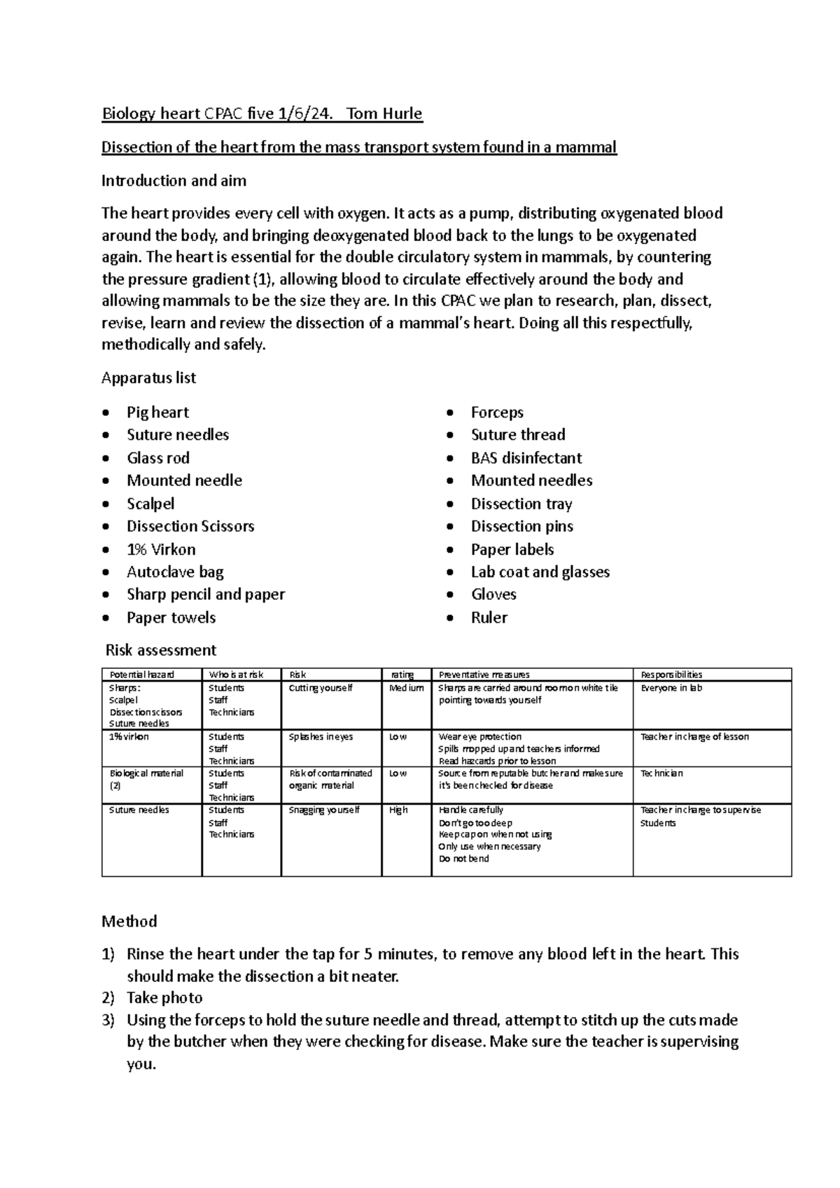 Dissecting the Mammalian Heart: A CPAC 5 Practical Guide - Studocu