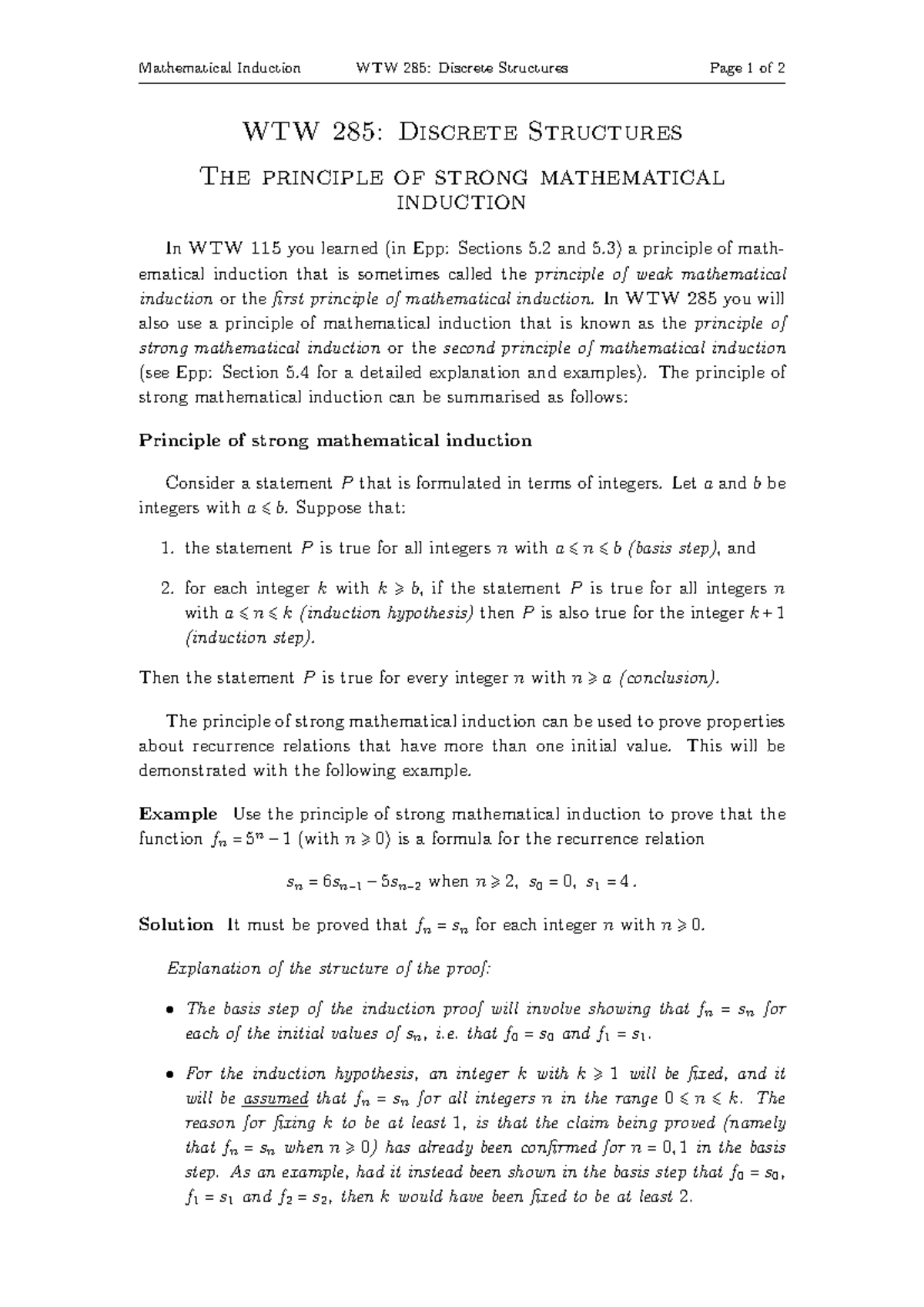 Strong Mathematical Induction WTW 285: Discrete Structures - Studocu