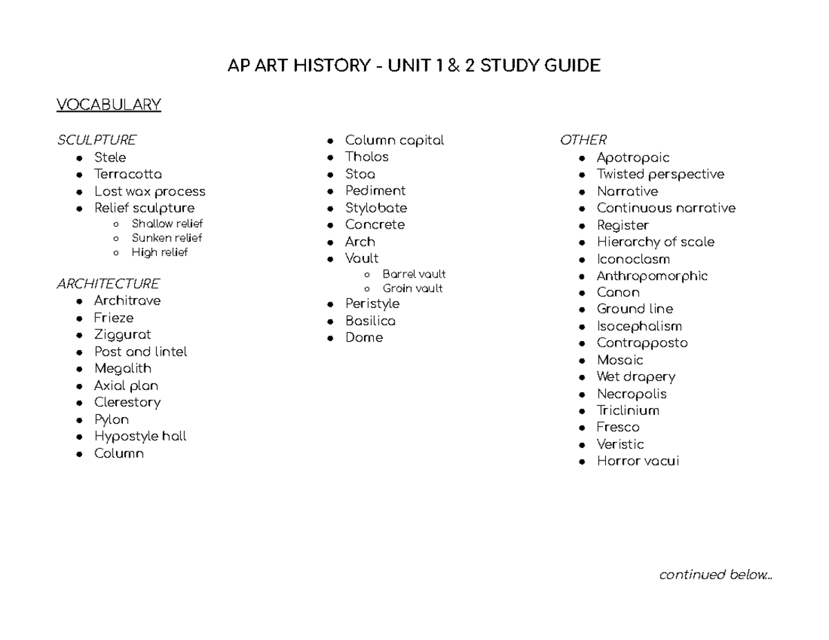 AP ART HISTORY UNIT 1 & 2 STUDY GUIDE: VOCAB & SCULPTURE TERMS - Studocu