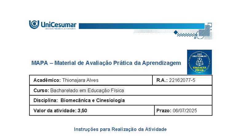 MAPA - Avaliação Prática em Biomecânica e Cinesiologia - Thionajara ...