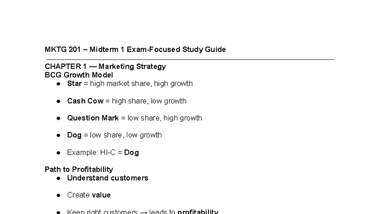 MKTG 201 Midterm 1 Exam-Focused Study Guide: Marketing Strategies ...