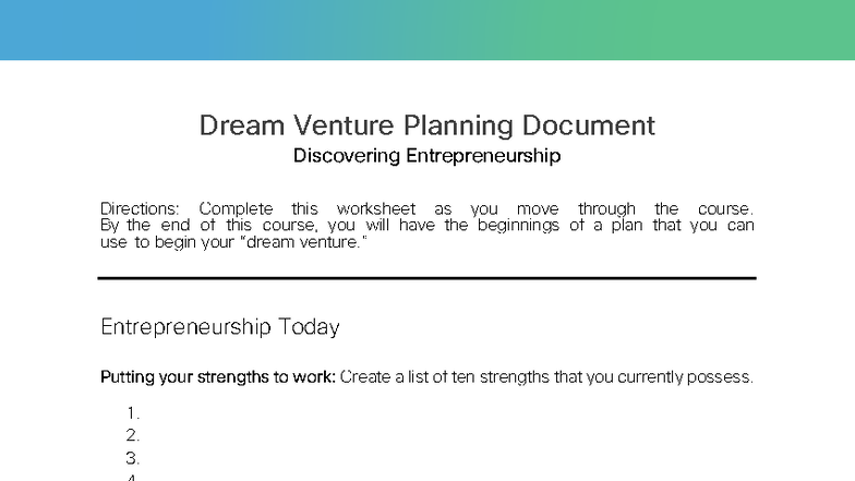 Entrepreneurship Today: Dream Venture Planning Worksheet - Studocu