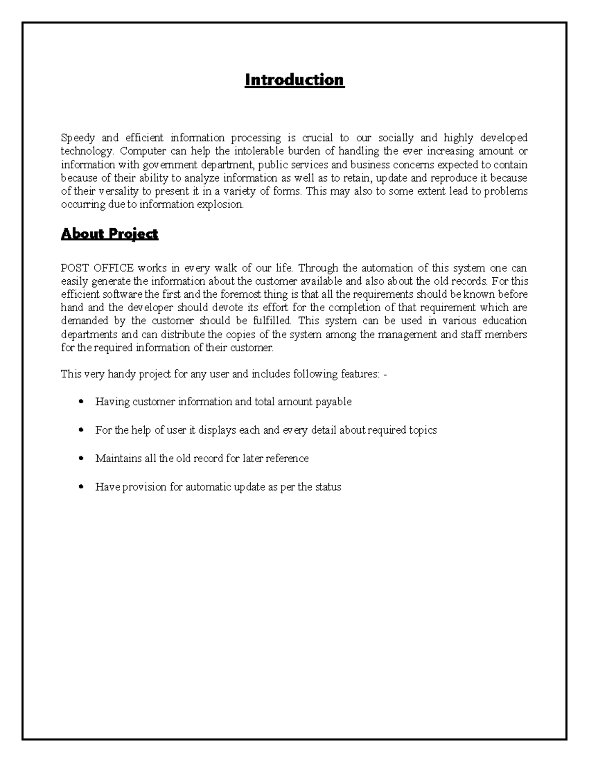 208507854 Project Report: Post Office Management System Overview - Studocu