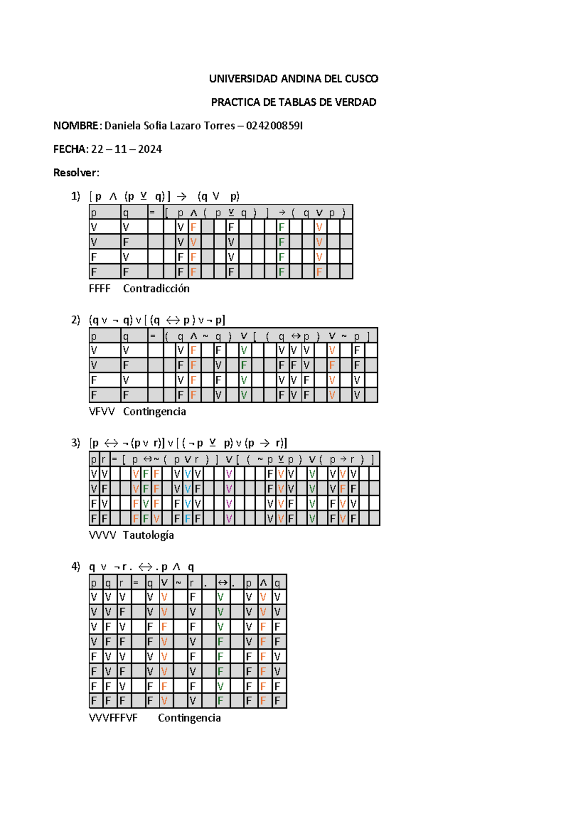 Actividad de tablas de verdad - 024200859I - Studocu
