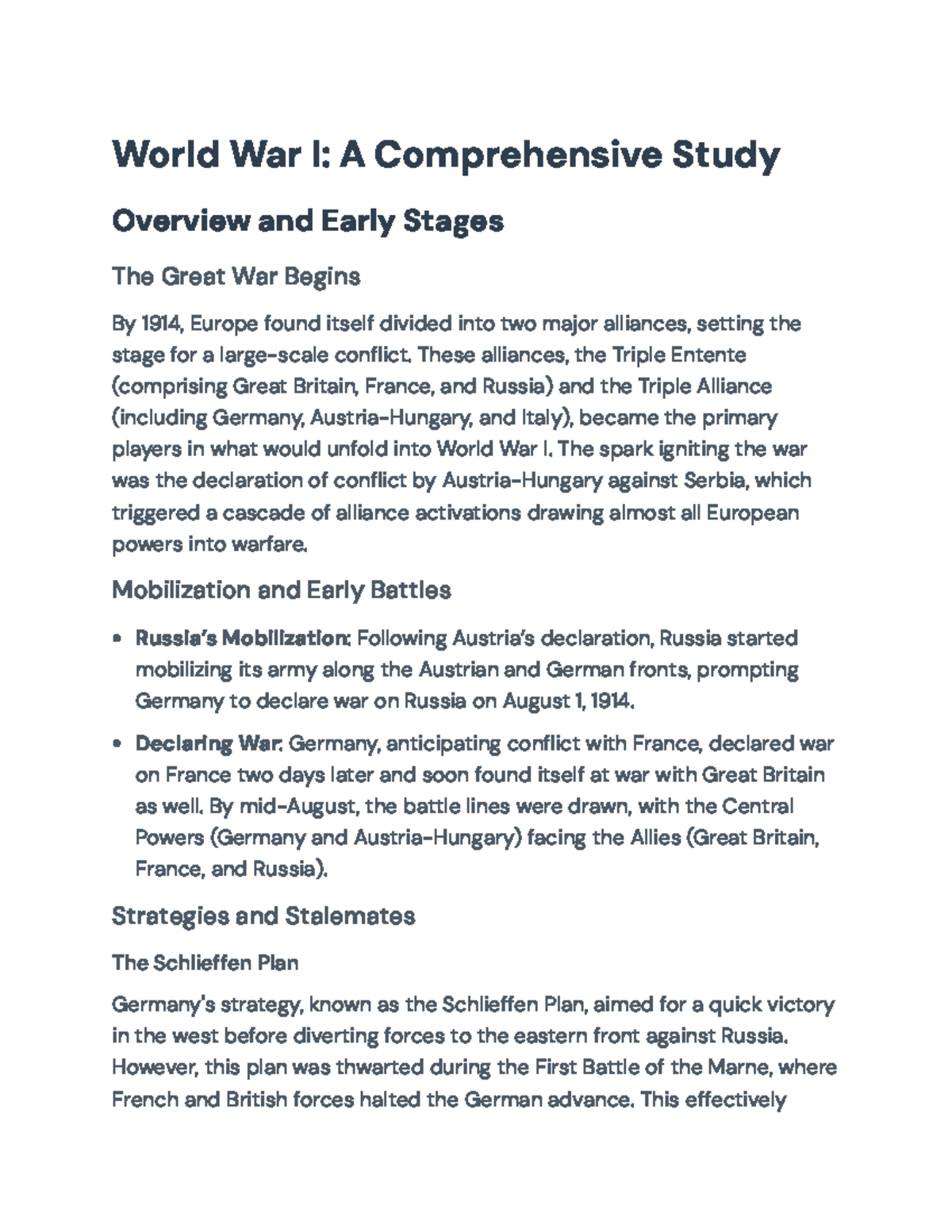 World War I (HIST101): Analysis of Early Stages and Key Battles - World ...