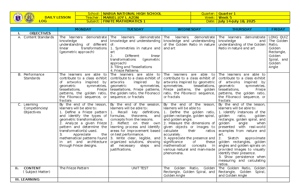DLL 3 - Finite Mathematics Lesson Plan and Objectives - Studocu