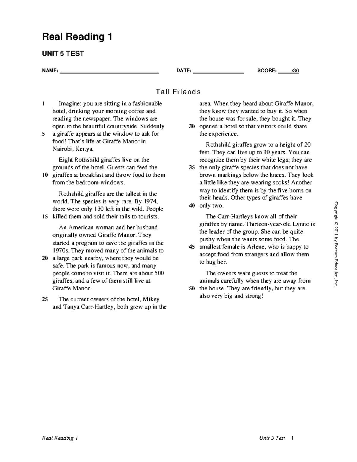 RR1 Tests 5-1 - .... - Real Reading 1 UNIT 5 TEST NAME: _____ DATE ...