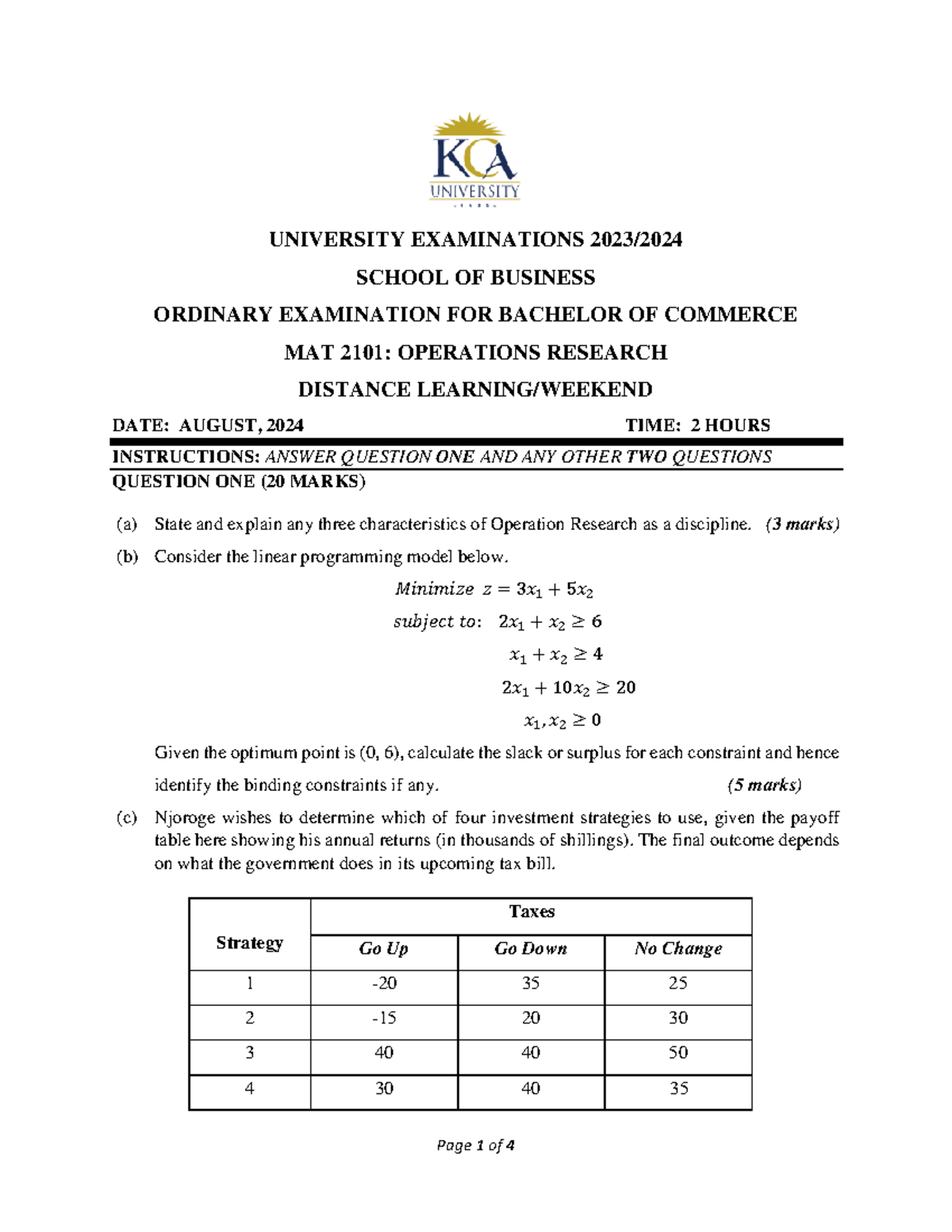 Final Exam: MAT 2101 Operations Research - August 2024 - Studocu