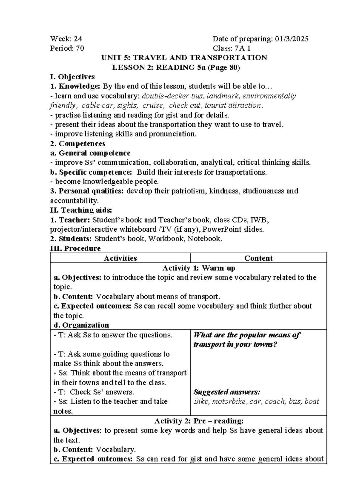 Week 24: 7A1 Unit 5 - Travel & Transportation Lesson Plans - Studocu