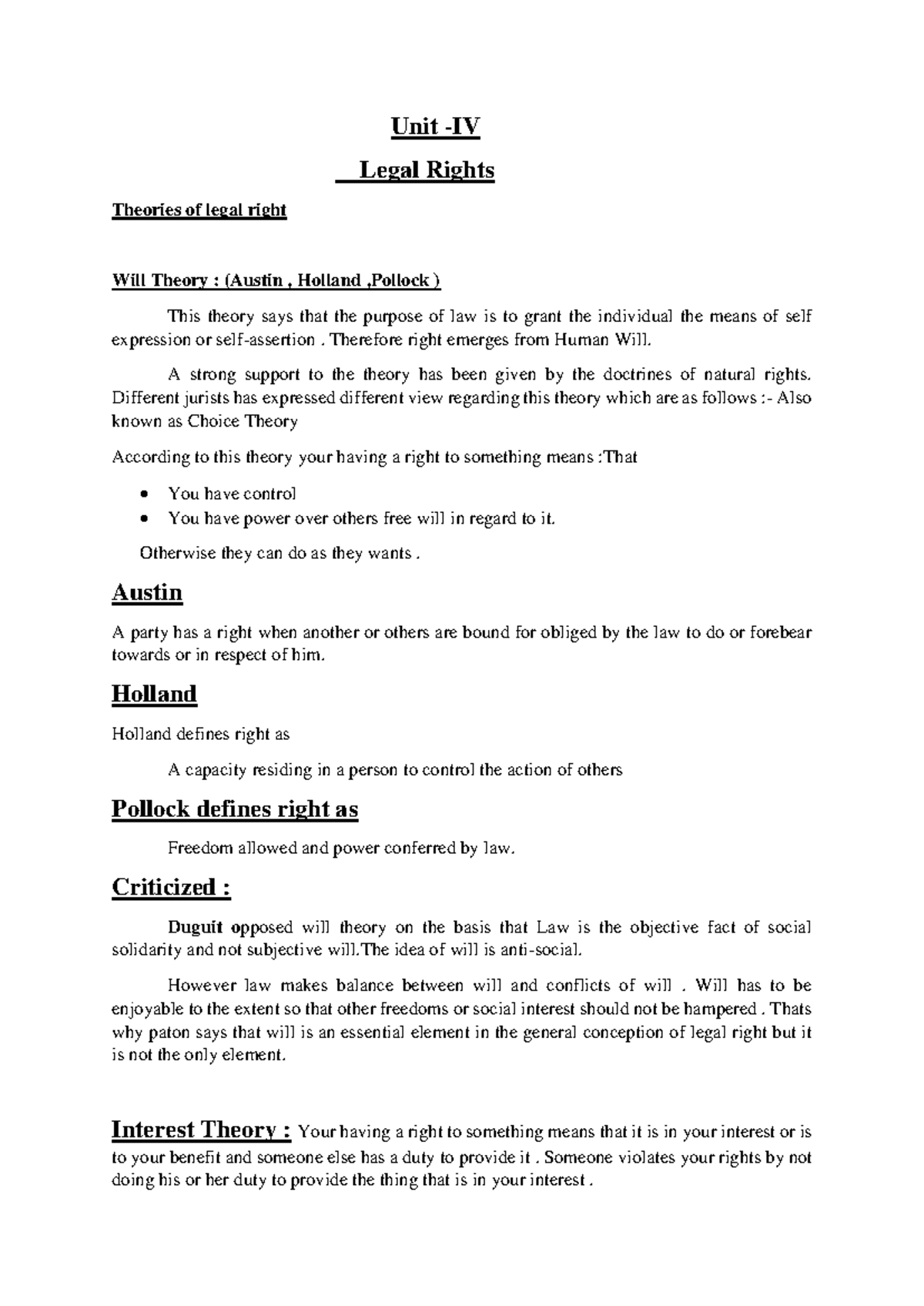 Legal rights and duties - Unit -IV Legal Rights Theories of legal right ...
