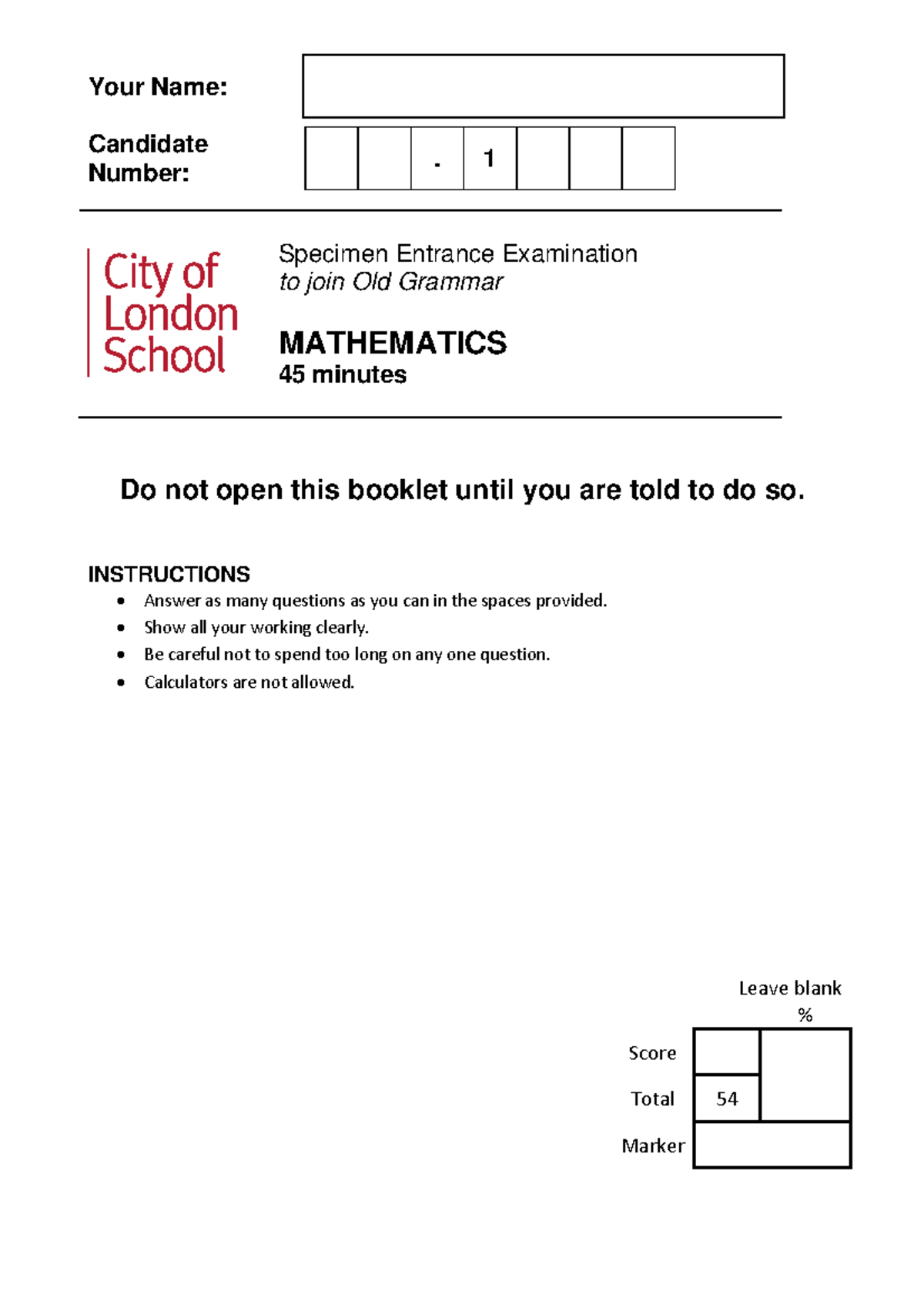 EP City of London School 10+ Specimen Maths Exam Paper - Studocu