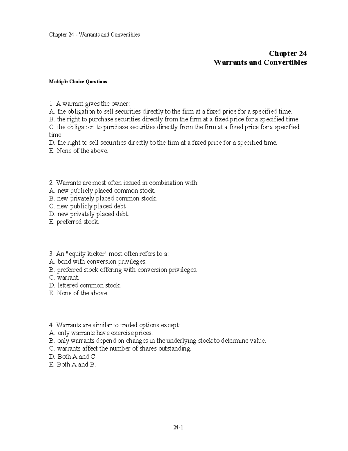 Chap024 - smy - Chapter 24 Warrants and Convertibles Multiple Choice ...
