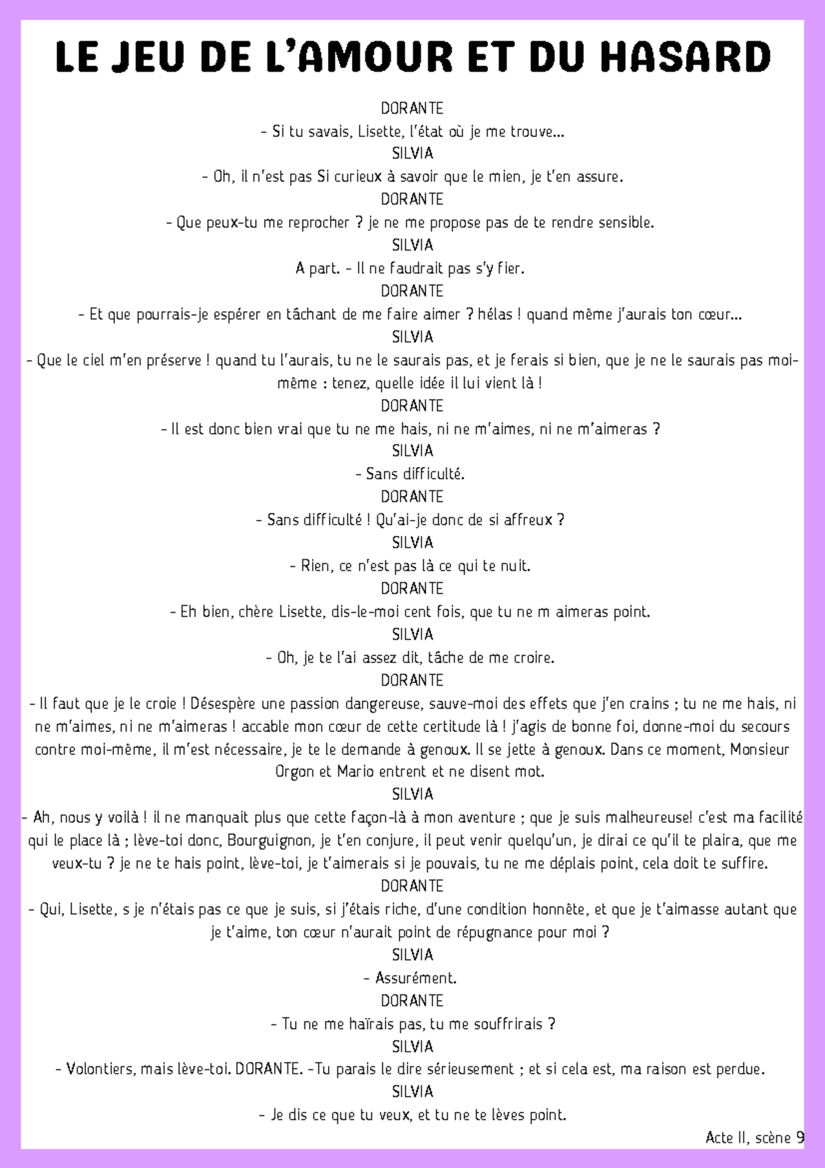 Le jeu de l'amour et du hasard - Acte II, Scène 9 (Analyse) - Studocu