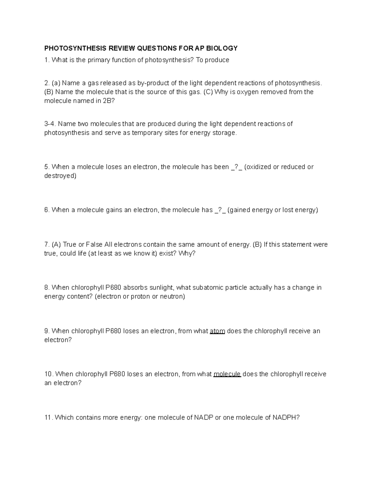 AP BIO Photosynthesis Quiz Answers and Review Questions - Studocu