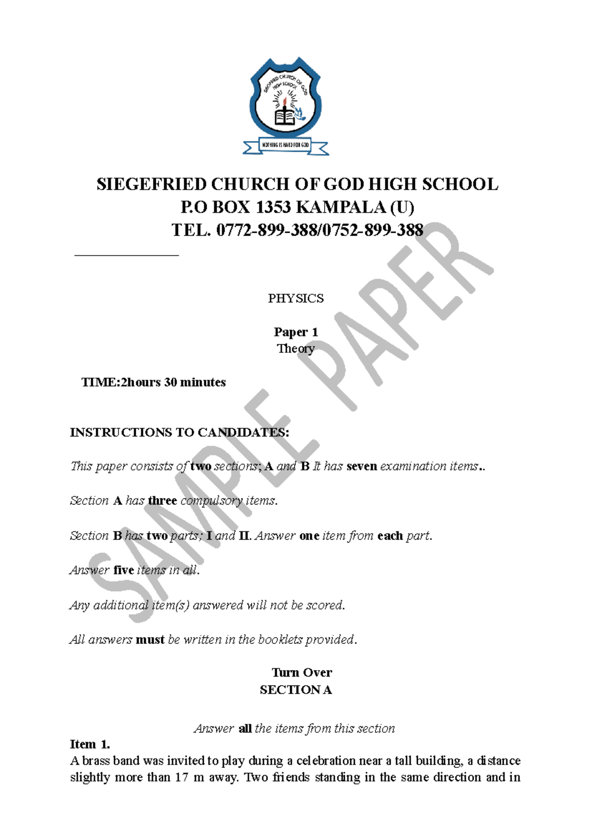 Senior FOUR PHY - Physics Paper 1 Exam Questions and Solutions - Studocu