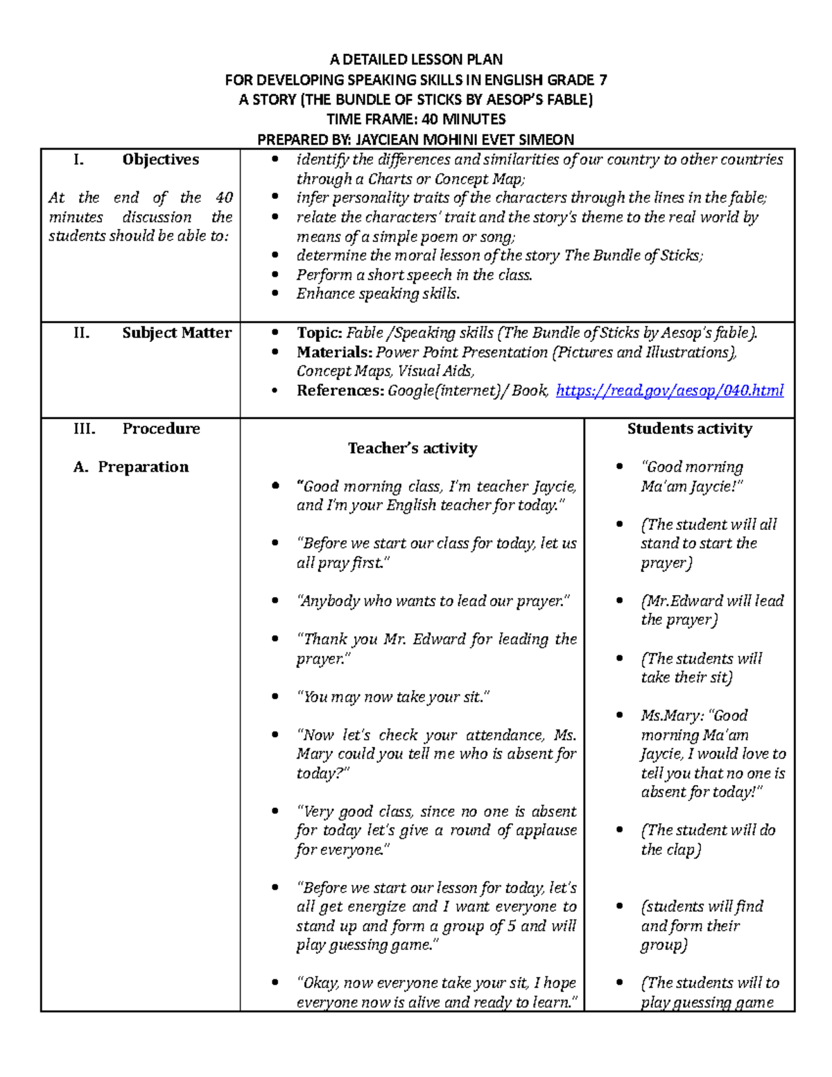 ELT-105: Detailed Lesson Plan for Developing Speaking Skills - Studocu