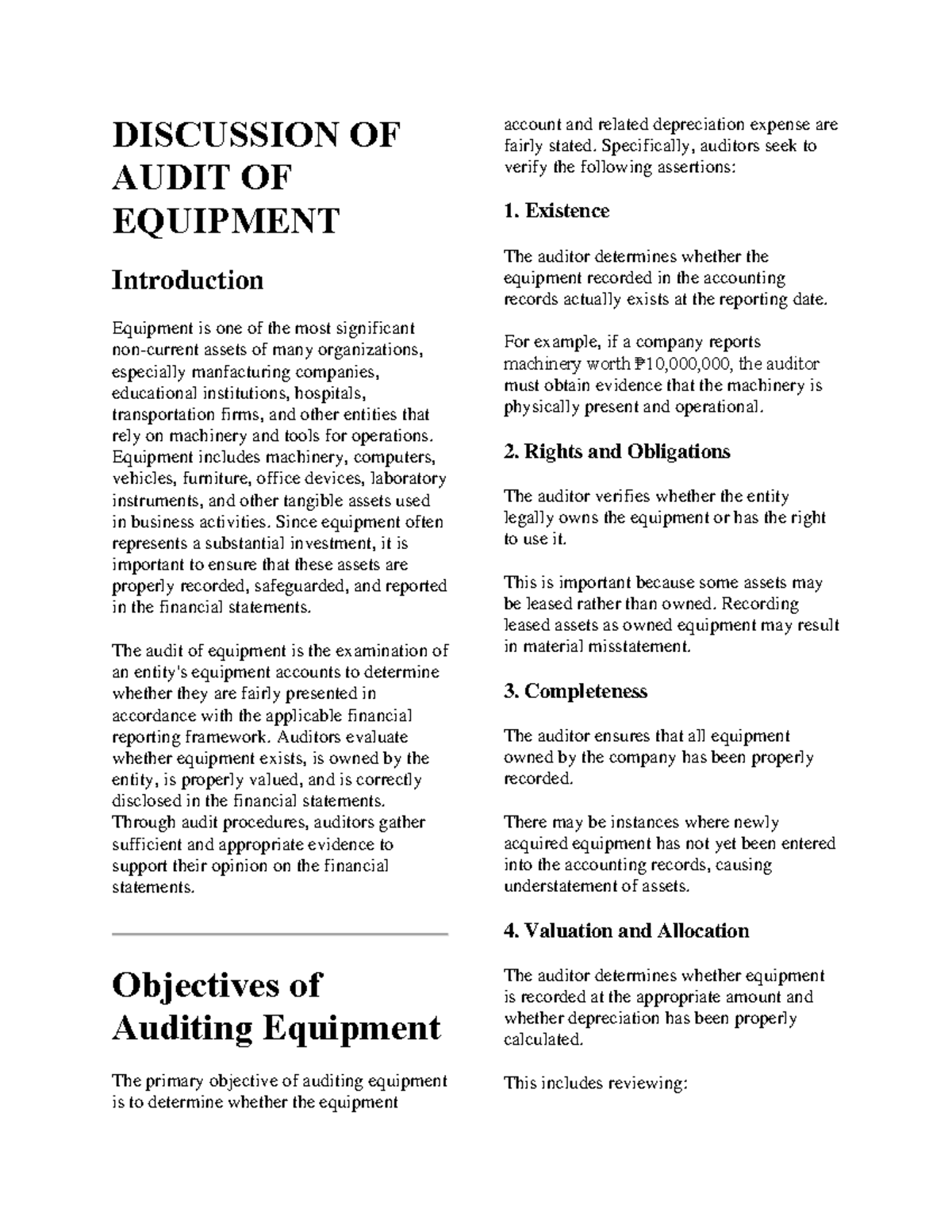 Discussion of Equipment Audit: Key Considerations and Procedures - Studocu