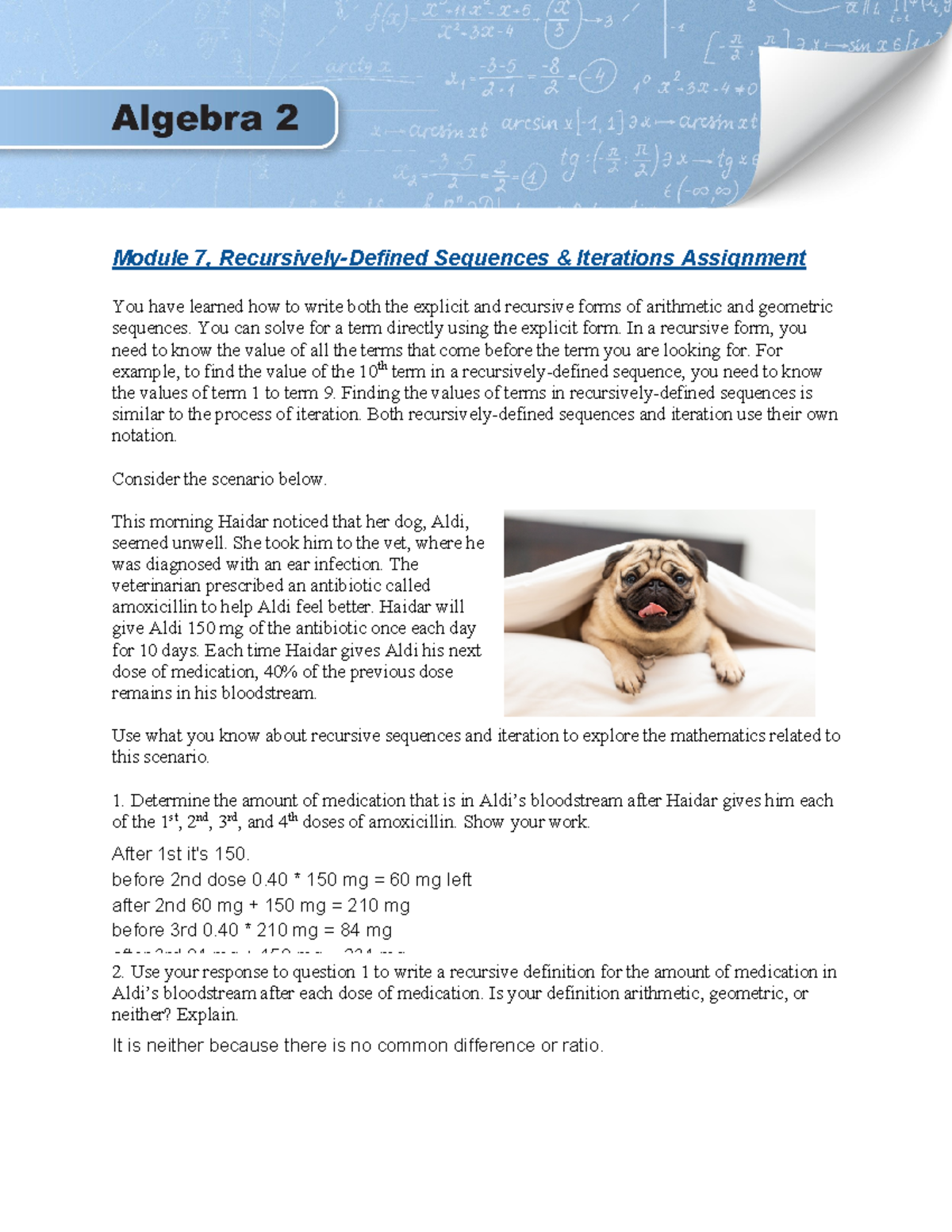 Alg2 M7 - Recursively-Defined Sequences & Iterations Assignment - Studocu