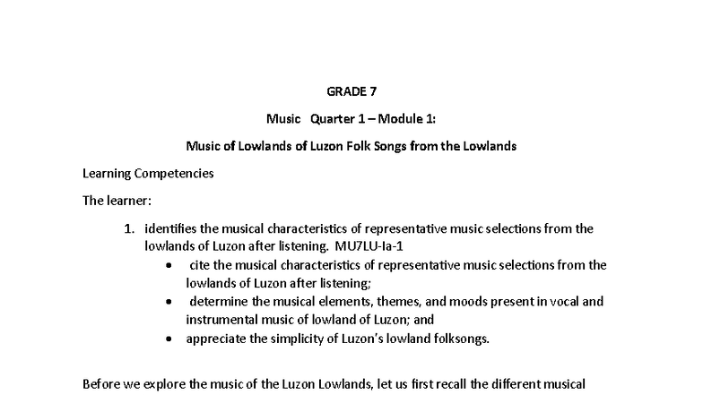 GRADE 7 Music Q1 Module 1: Exploring Luzon Lowland Folk Songs - Studocu