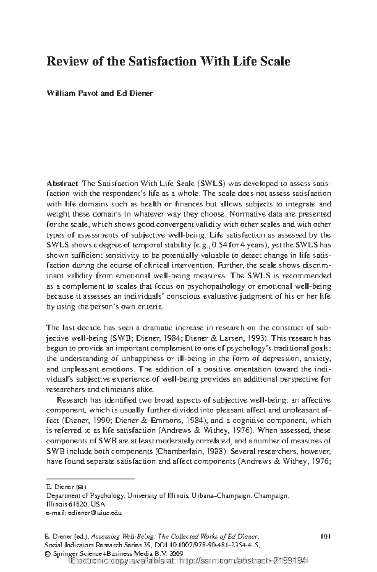 Review of the Satisfaction With Life Scale (SWLS) by Pavot & Diener ...