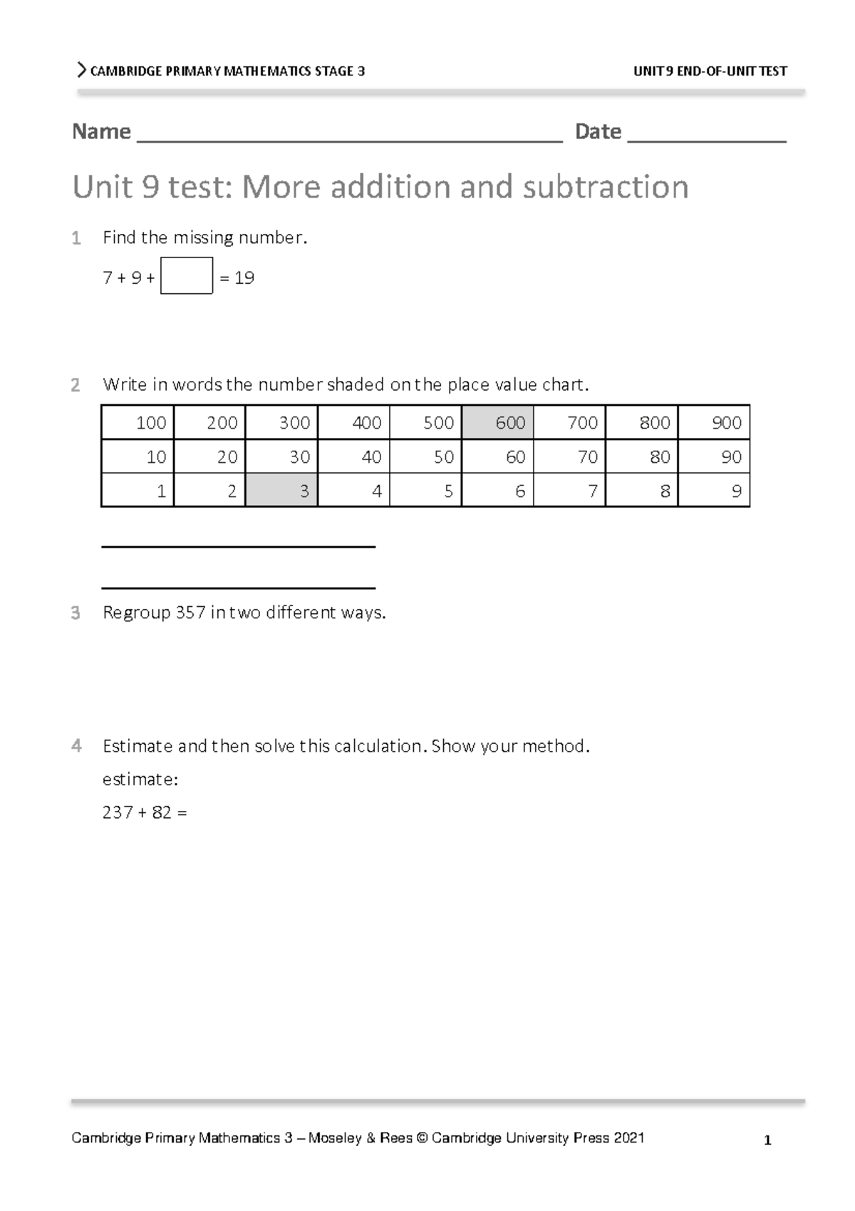CAMBRIDGE PRIMARY MATHEMATICS STAGE 3 UNIT 9 TEST - Studocu