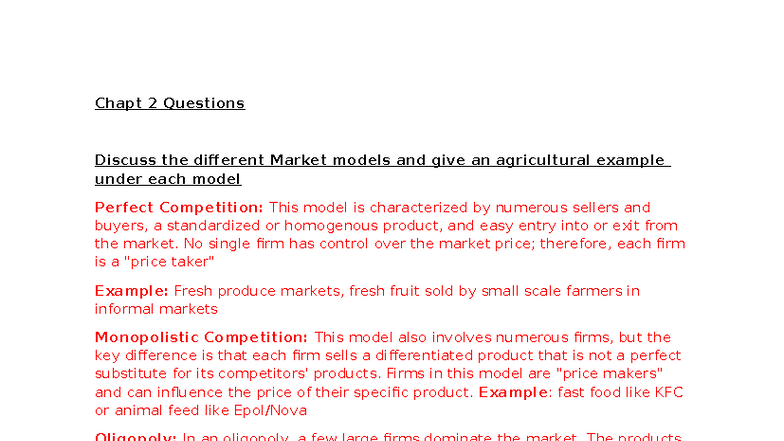 Chapt 2 Q&A: Market Models & Agricultural Examples - Studocu