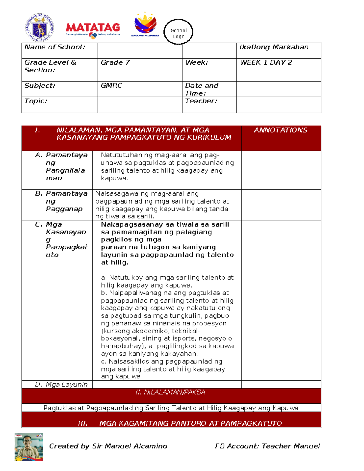 GMRC7 Q3 W1 D2 DLP - Pagtuklas at Pagpapaunlad ng Talento at Hilig ...