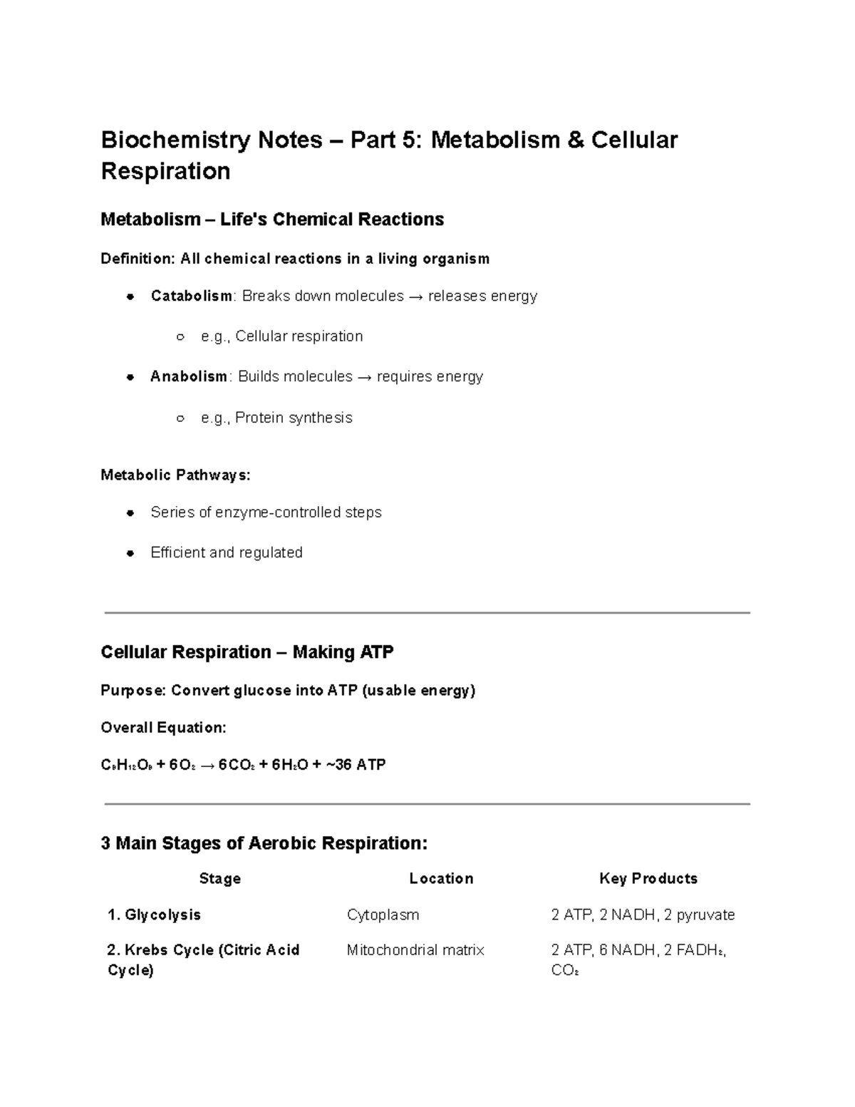 Biochemistry Notes - Part 5: Metabolism & Cellular Respiration - Studocu
