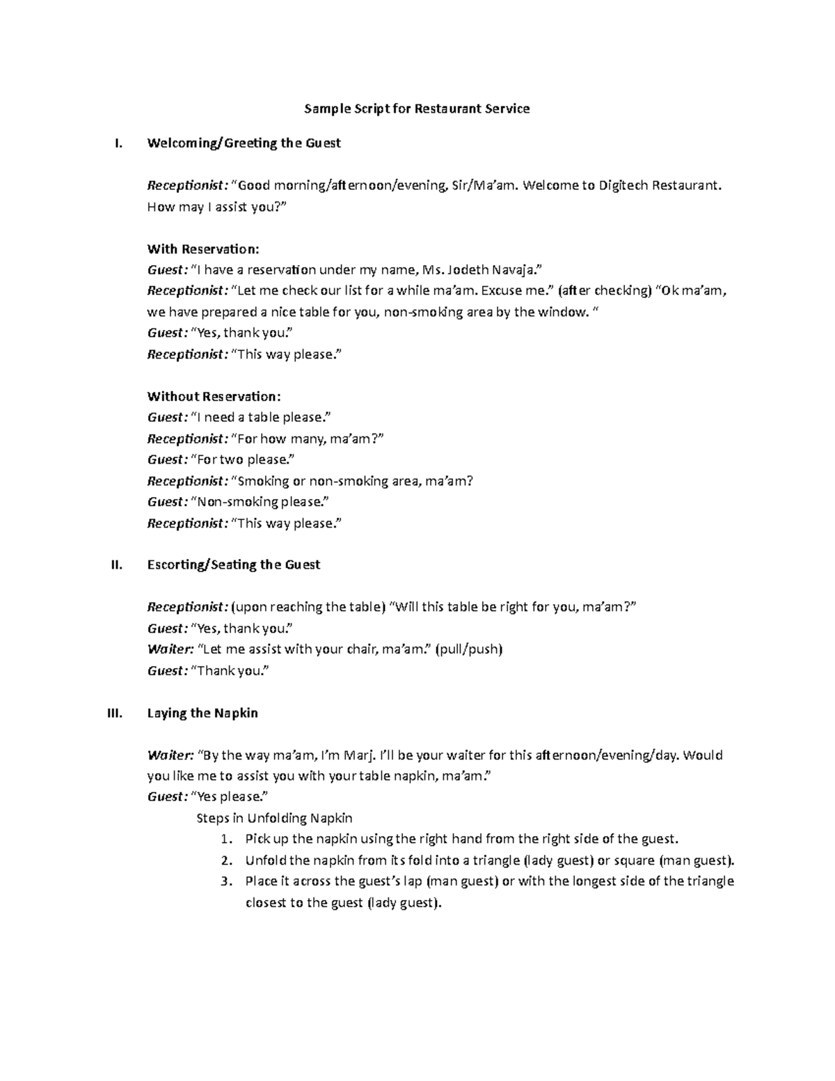 Sample Script for Restaurant Service - Welcoming/Greeting the Guest ...