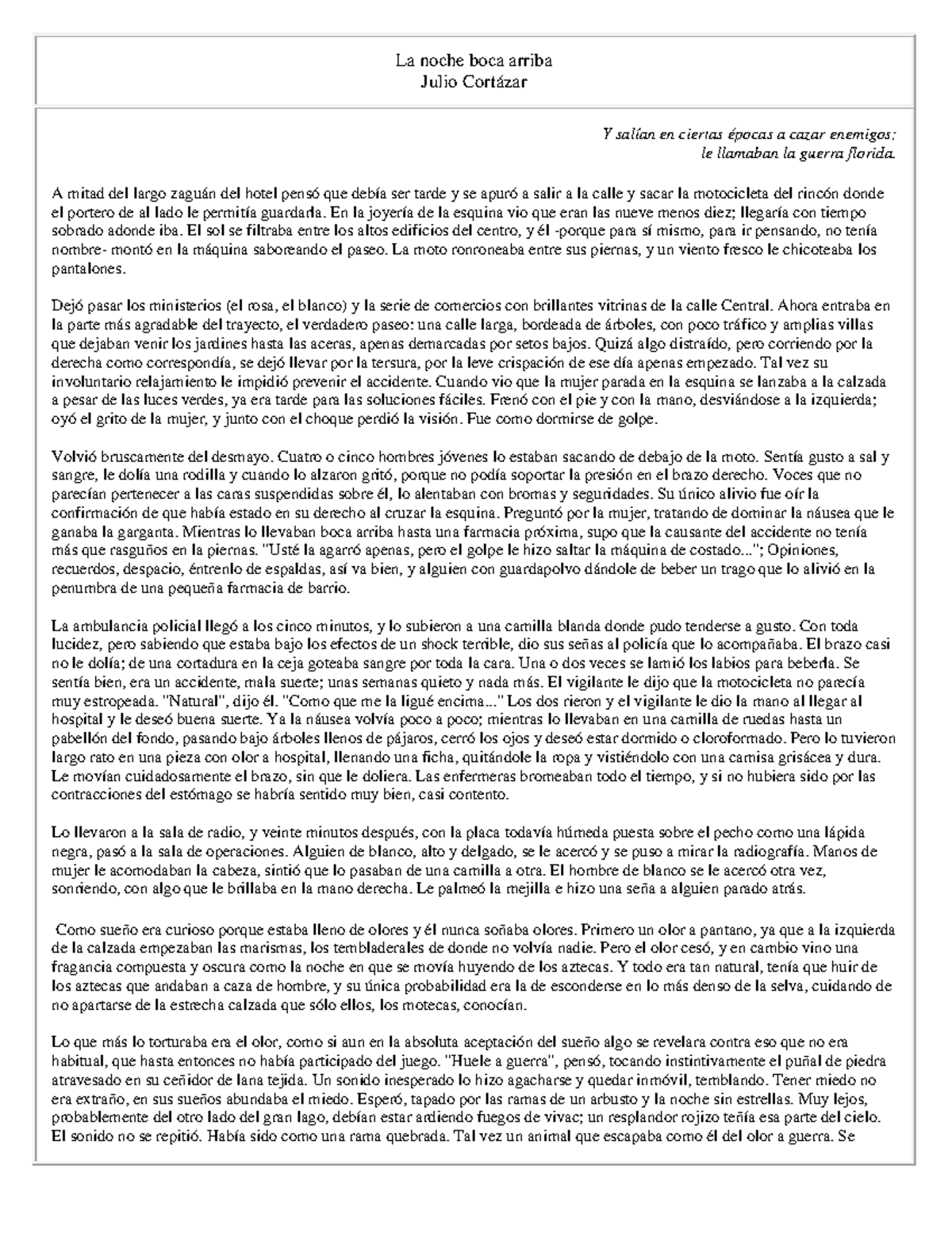 Cortazar La noche boca arriba - La noche boca arriba Julio Cortázar Y ...