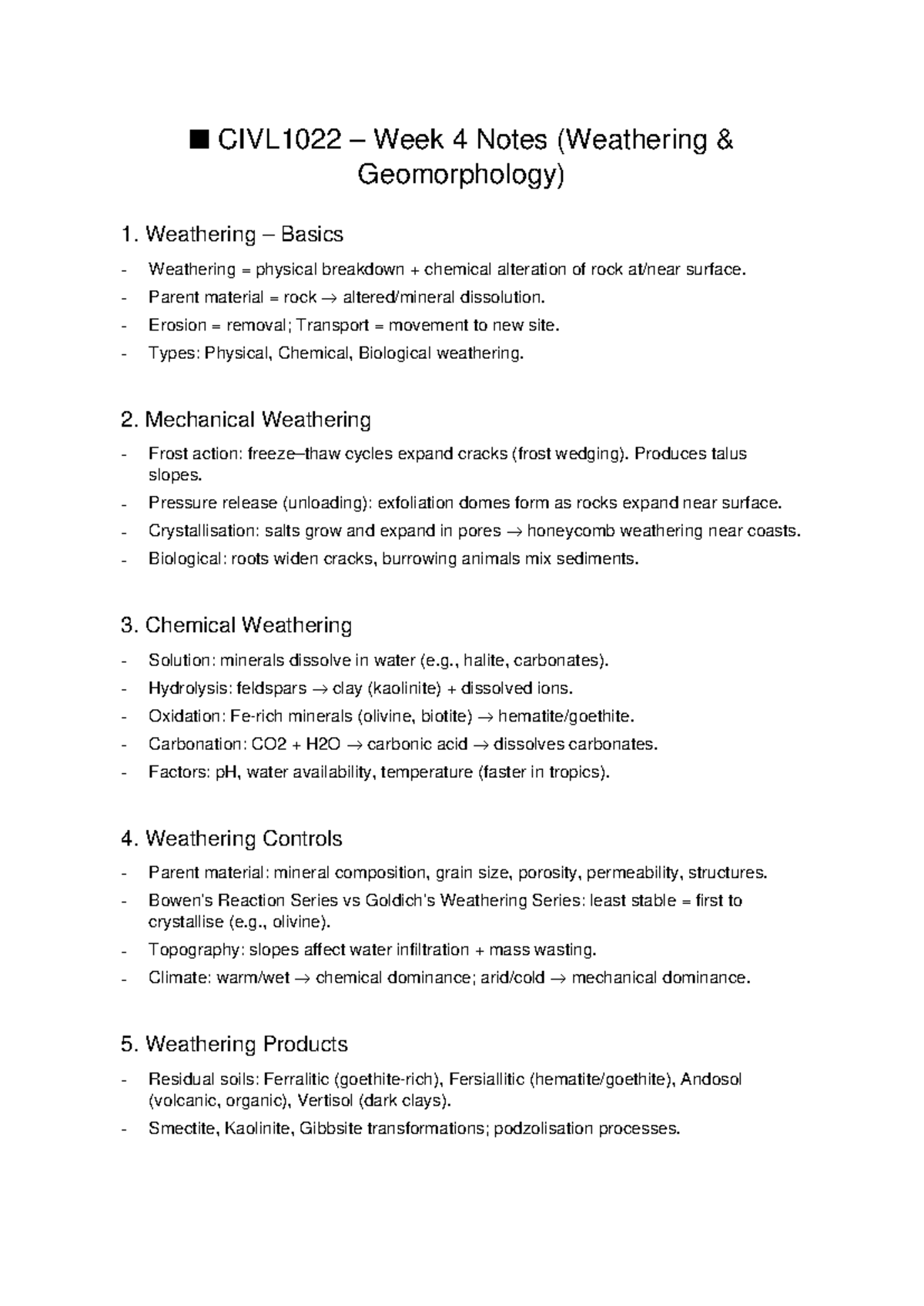 CIVL1022 Week 4 Lecture Notes on Weathering Geomorphology - Studocu