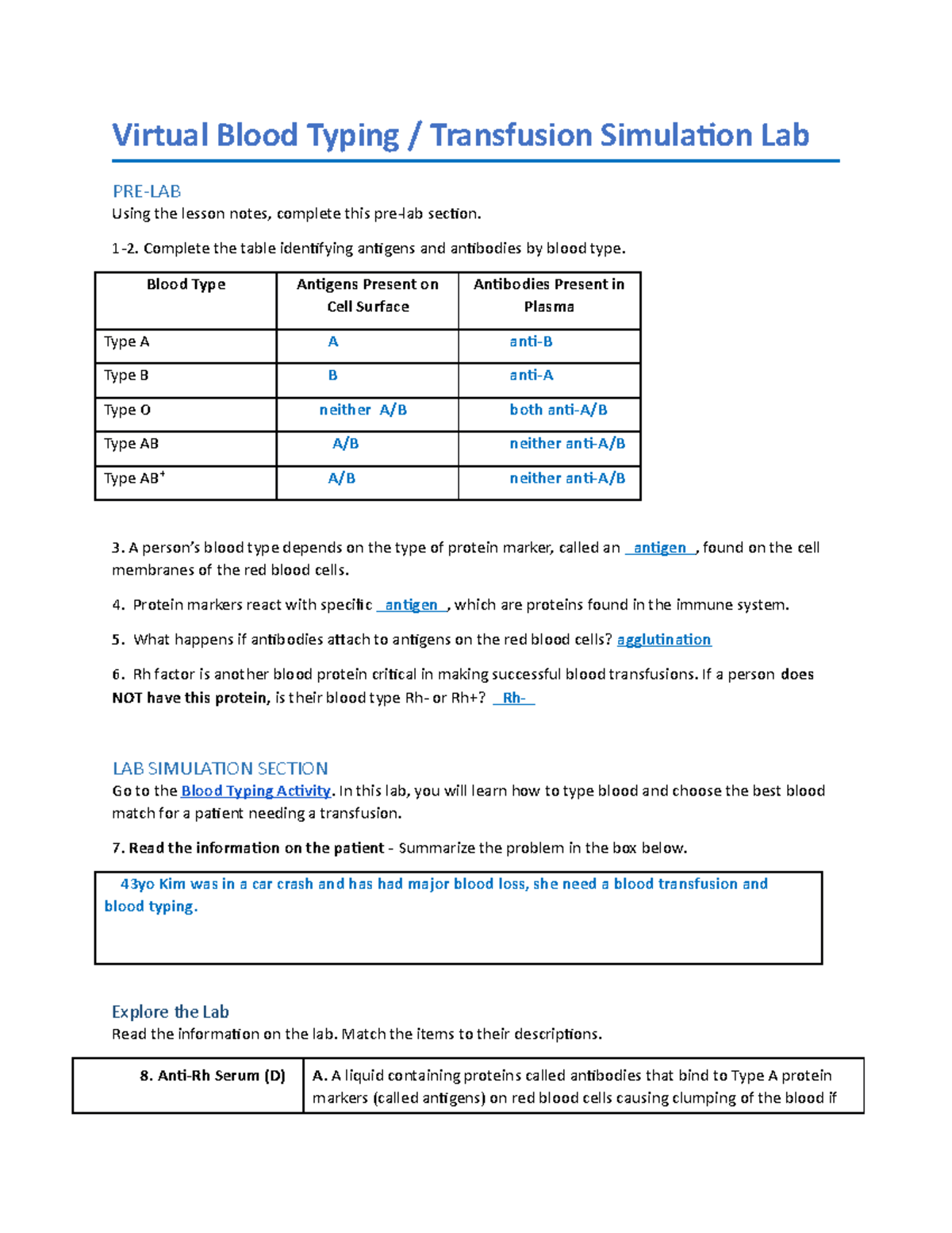 Blood Typing Simulation Lab Handout - Virtual Blood Typing / Transfusion Simulation Lab PRE-LAB ...