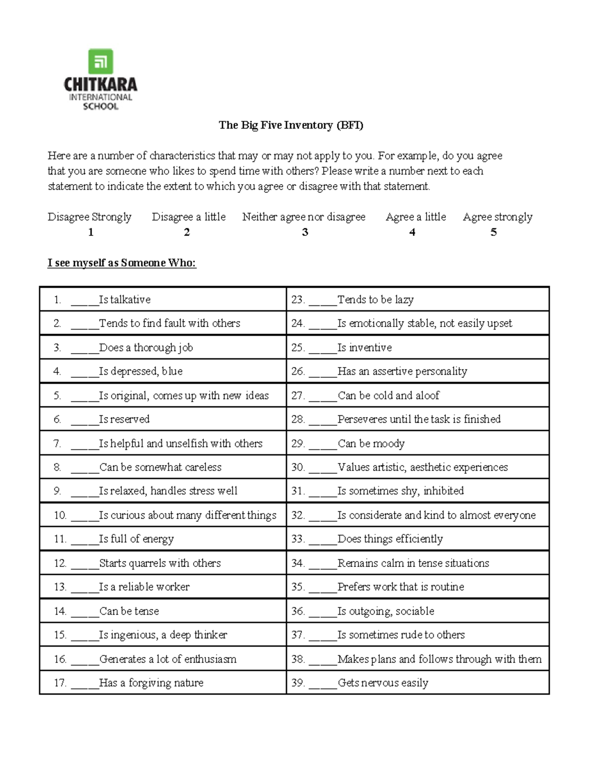 BFI Test - Practical Assessment of Big Five Traits - Studocu