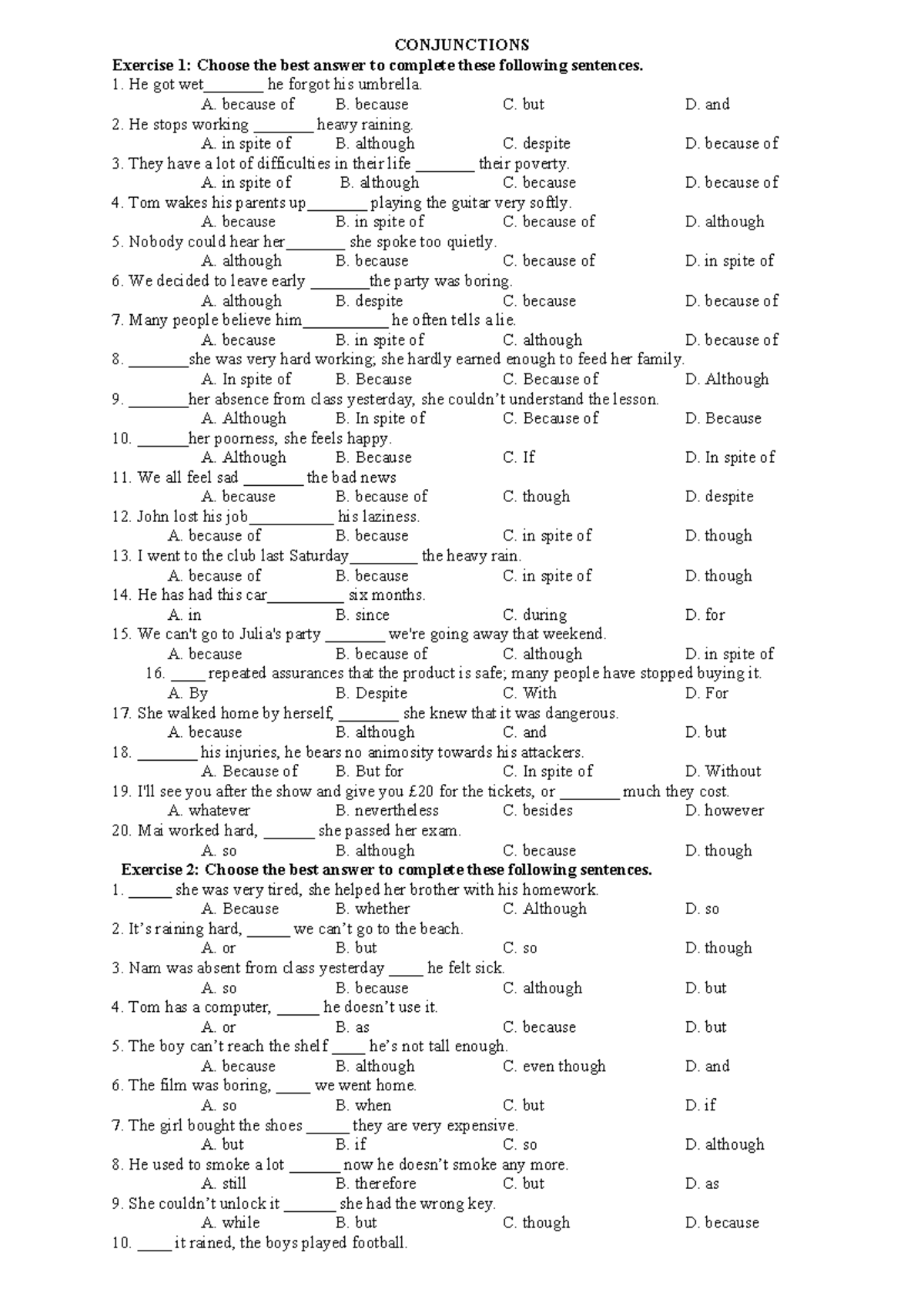 Conjunctions - Worksheet (Exercise 1-7) for English Class - Studocu