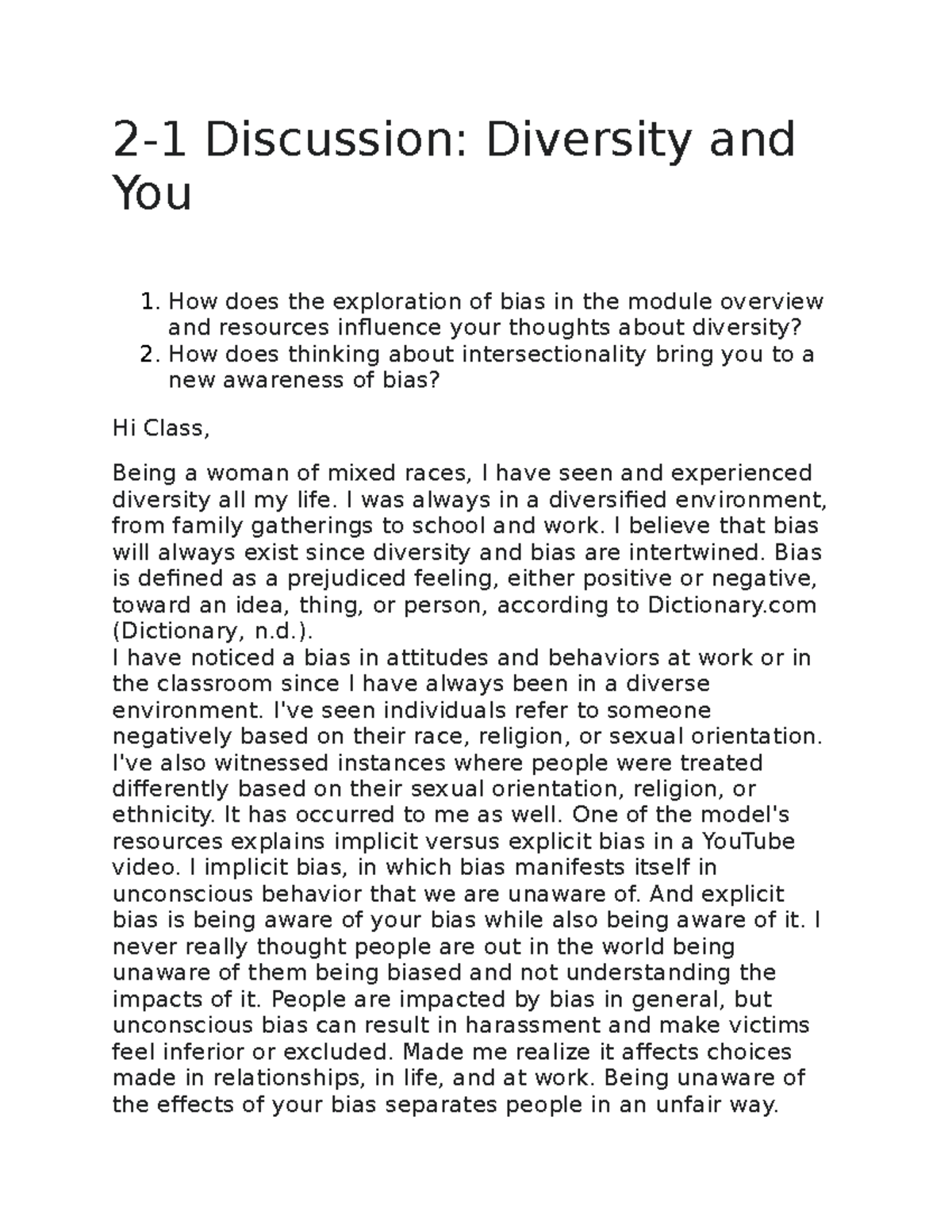 Discussion 2-1: Exploring Bias and Diversity Through Personal ...