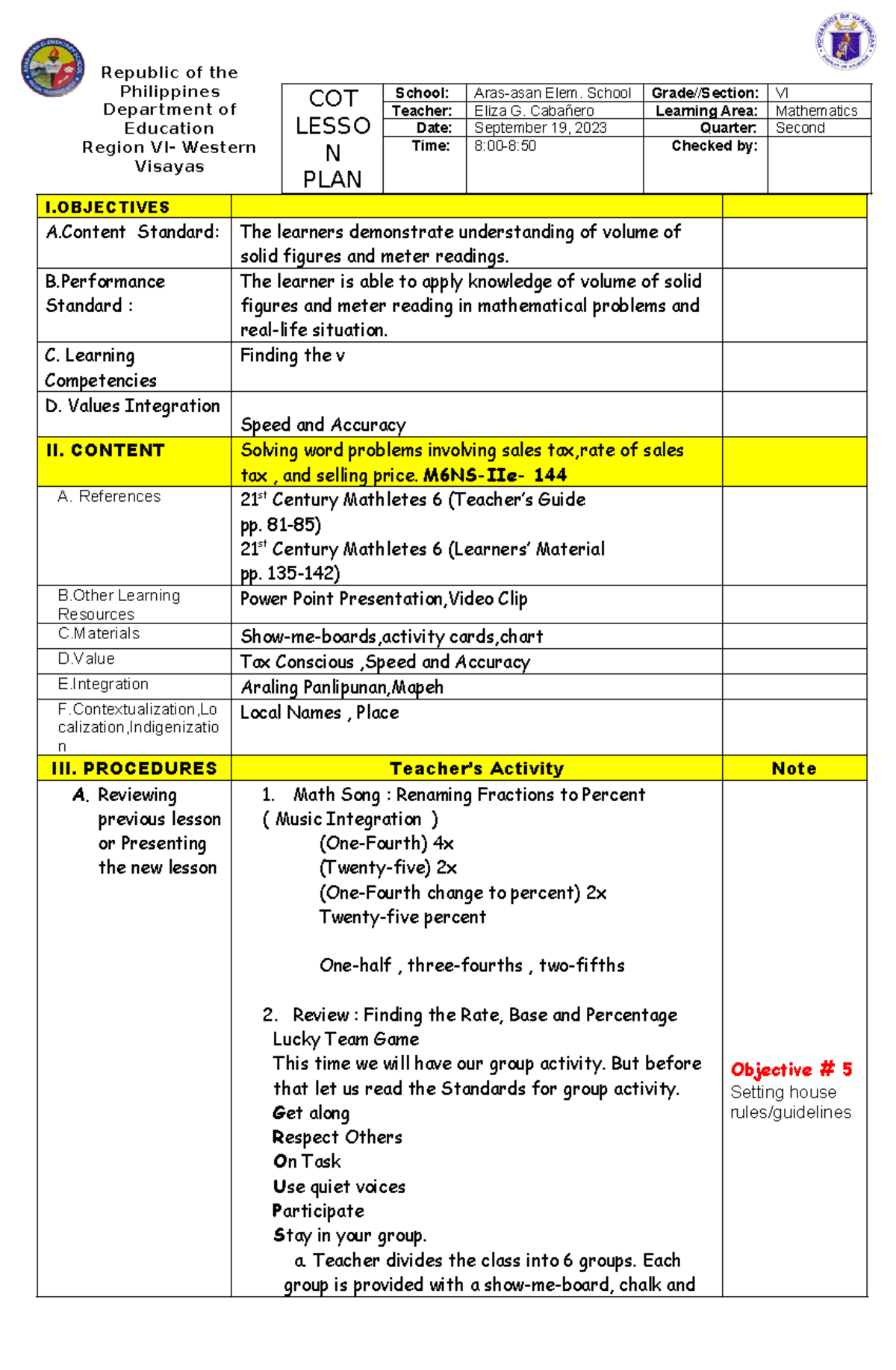 COT Lesson Plan for Mathematics: Volume & Sales Tax Concepts - Studocu