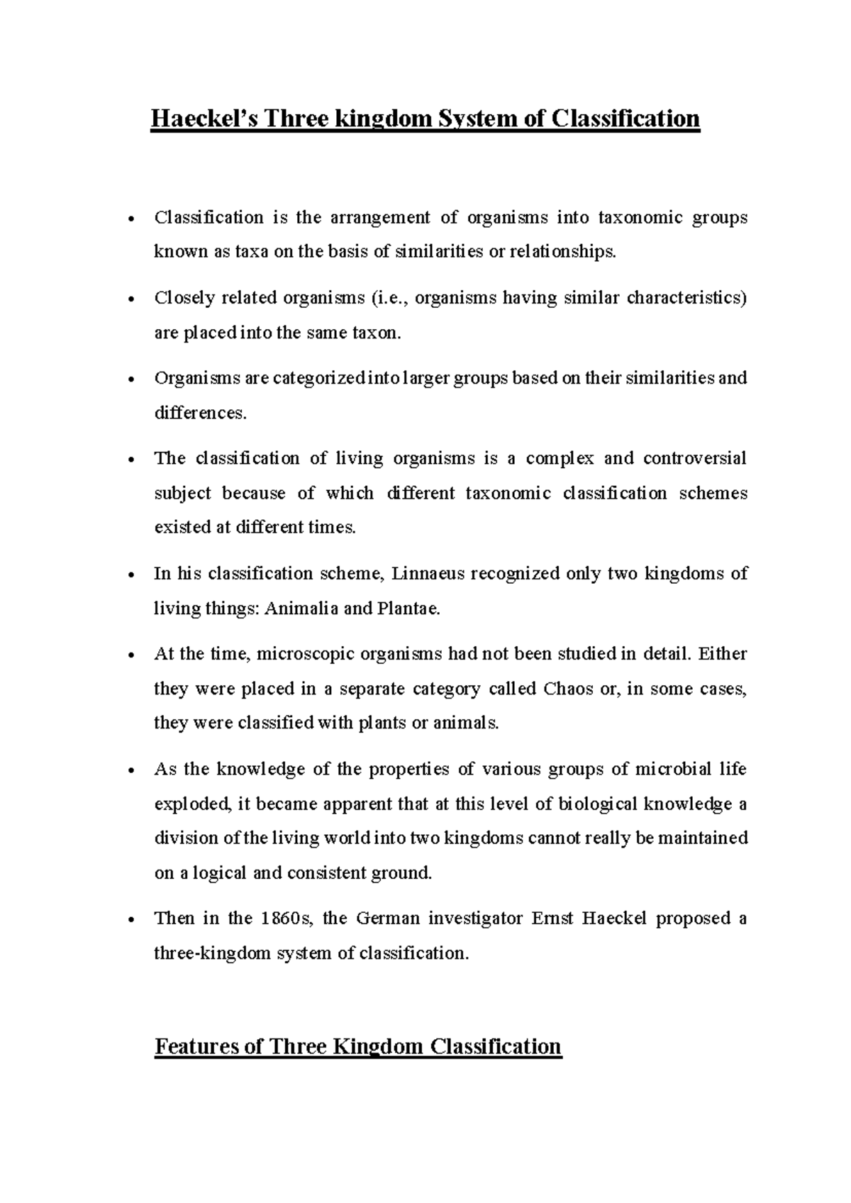 Three and Five Kingdom Classification: Haeckel and Whittaker's Systems ...