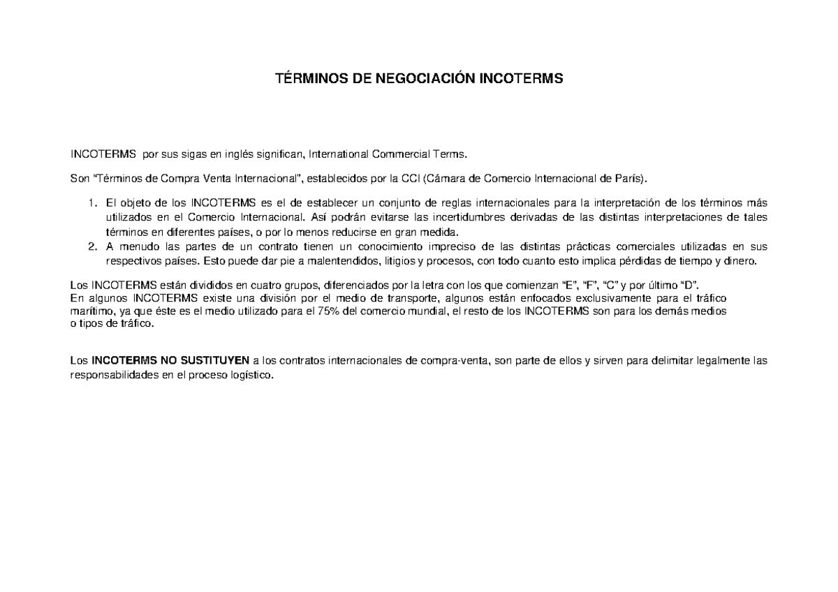 Términos de Negociación: INCOTERMS y su Aplicación en Comercio - Studocu