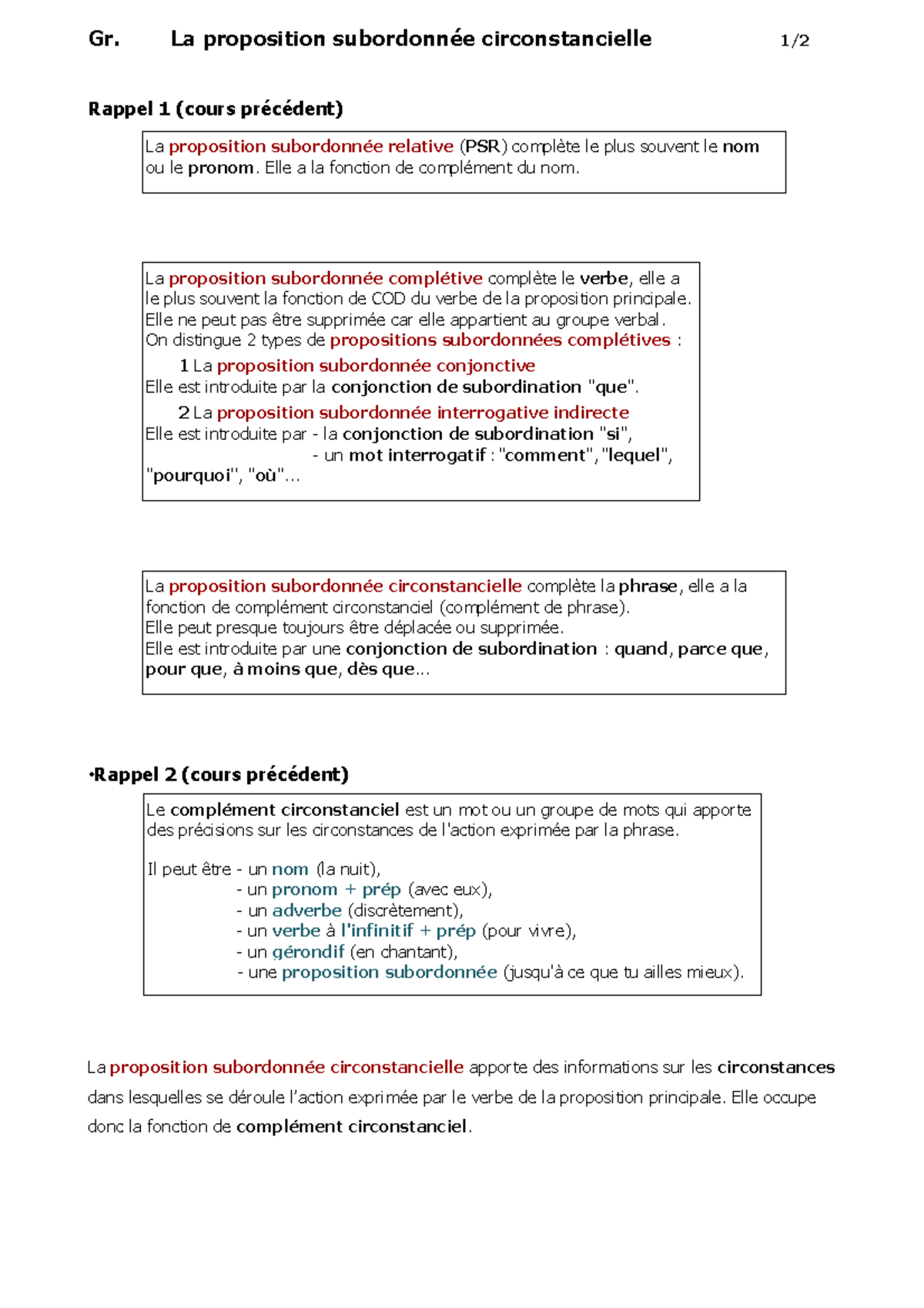 Gr. 4e Rappel sur les Propositions Subordonnées Circonstancielles - Studocu