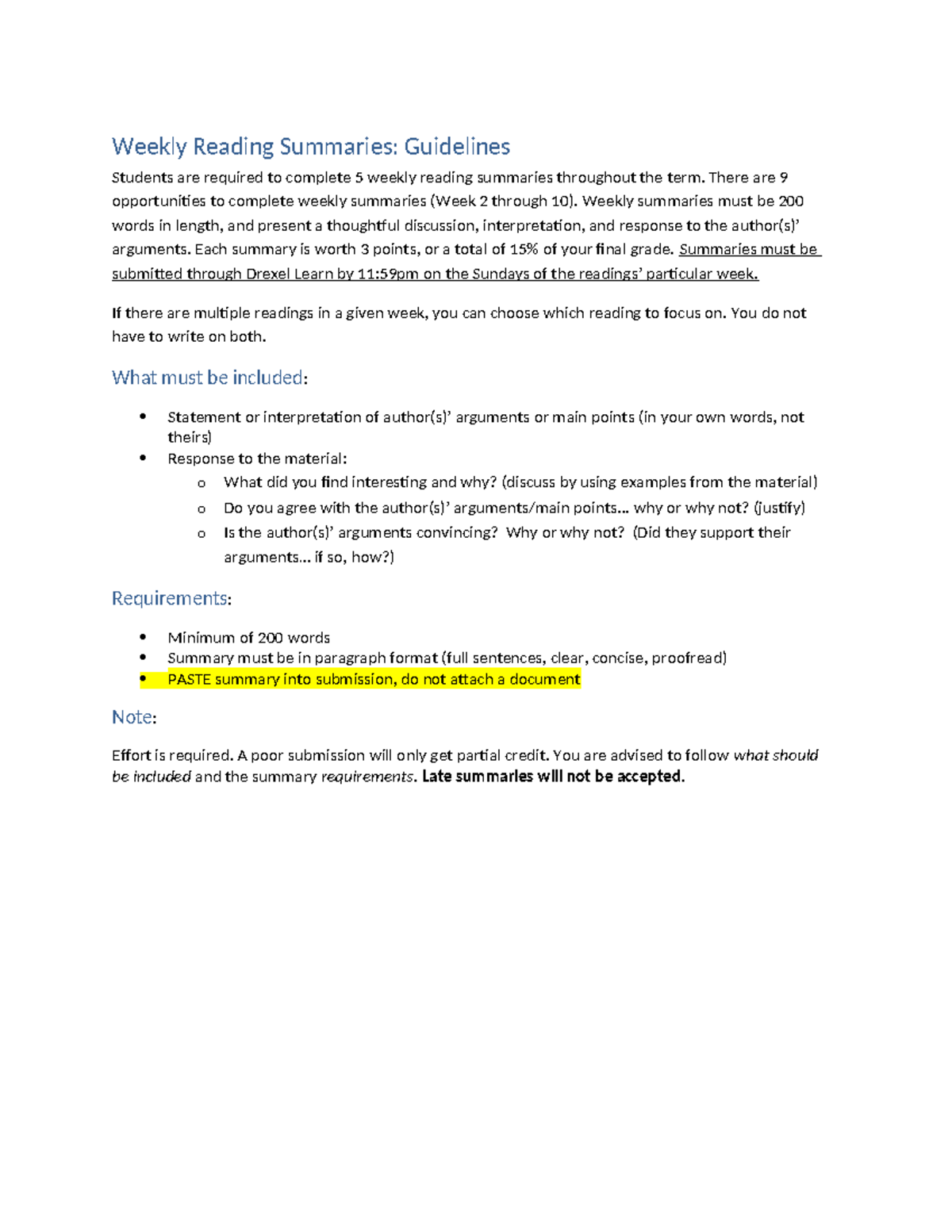 Weekly Reading Summaries Guidelines (Course Code) - Studocu