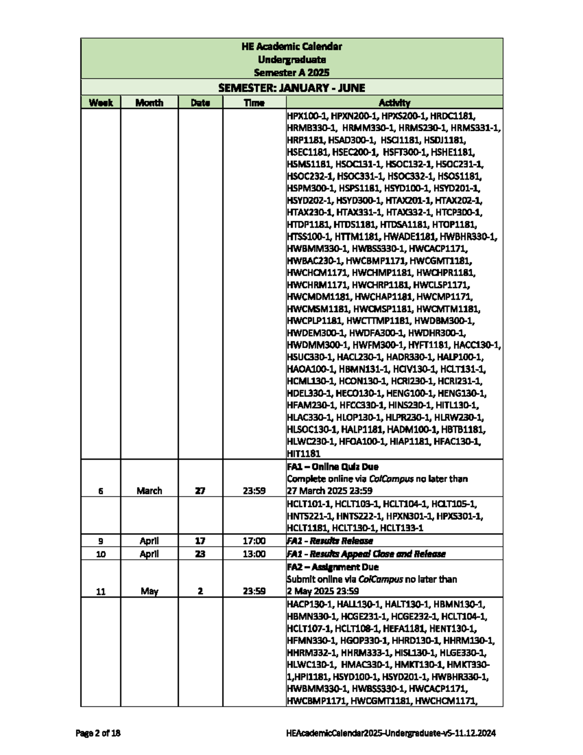 2025 Semester A FA2 Academic Calendar for HRDC1181 & Others - Studocu
